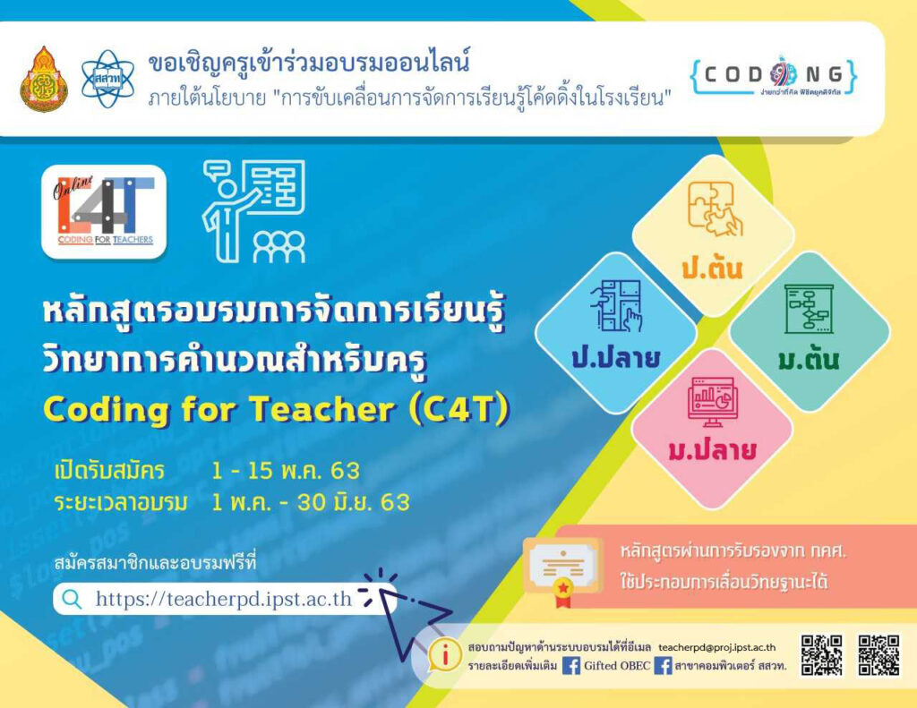 สพฐ. จับมือ สสวท. อบรมครูออนไลน์วิทยาการคำนวณ Coding for Teacher (C4T) เร่งขับเคลื่อนการจัดการ ...